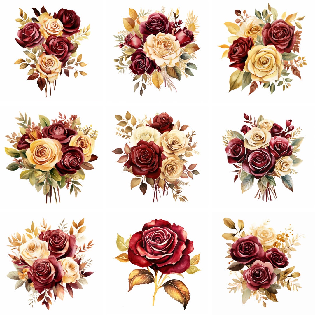 Watercolor Maroon and Gold Rose, High Quality Png, Red Rose, Flower ...