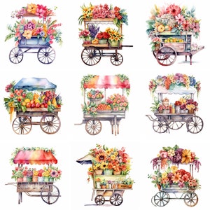 20 Watercolor Floral Flower Cart Clipart, Floral Design, PNG, Instant ...