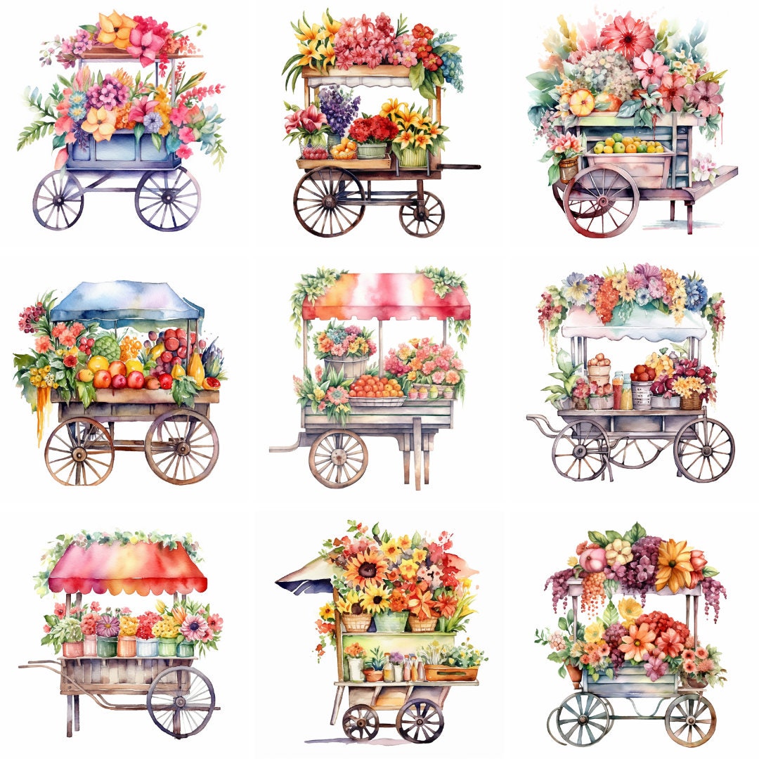 20 Watercolor Floral Flower Cart Clipart Floral Design PNG - Etsy