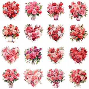 20 Valentine Rose Bouquet Clipart, Watercolor Clipart, Valentine Art ...