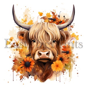 Watercolor Fall Highland Cow Clipart, High Quality Png, Floral Autumn ...