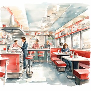 Watercolor Diner Scene Clipart, Retro Clipart, Vintage Diner Clipart ...
