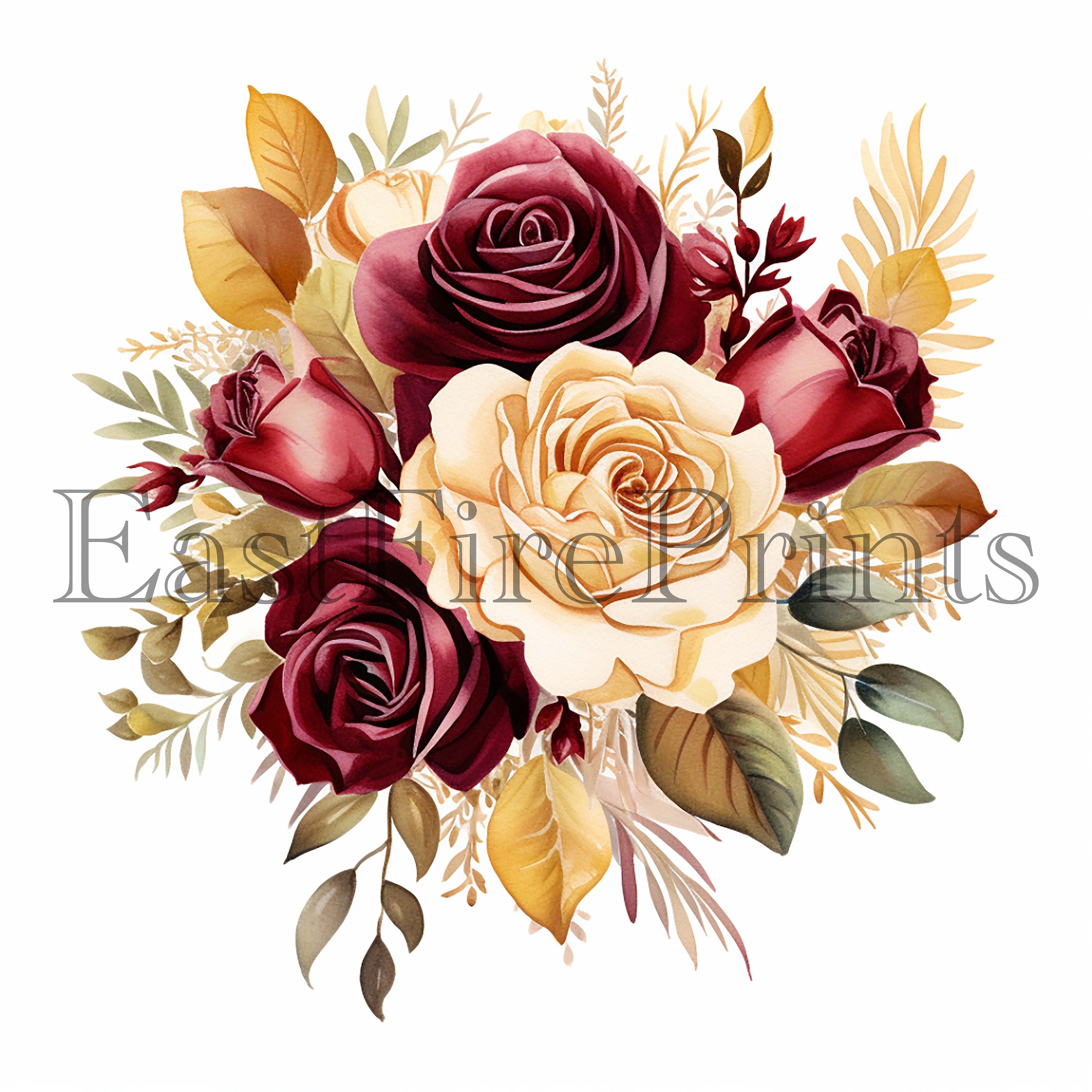 Maroon and Gold Rose Clipart Watercolor Clipart Floral - Etsy