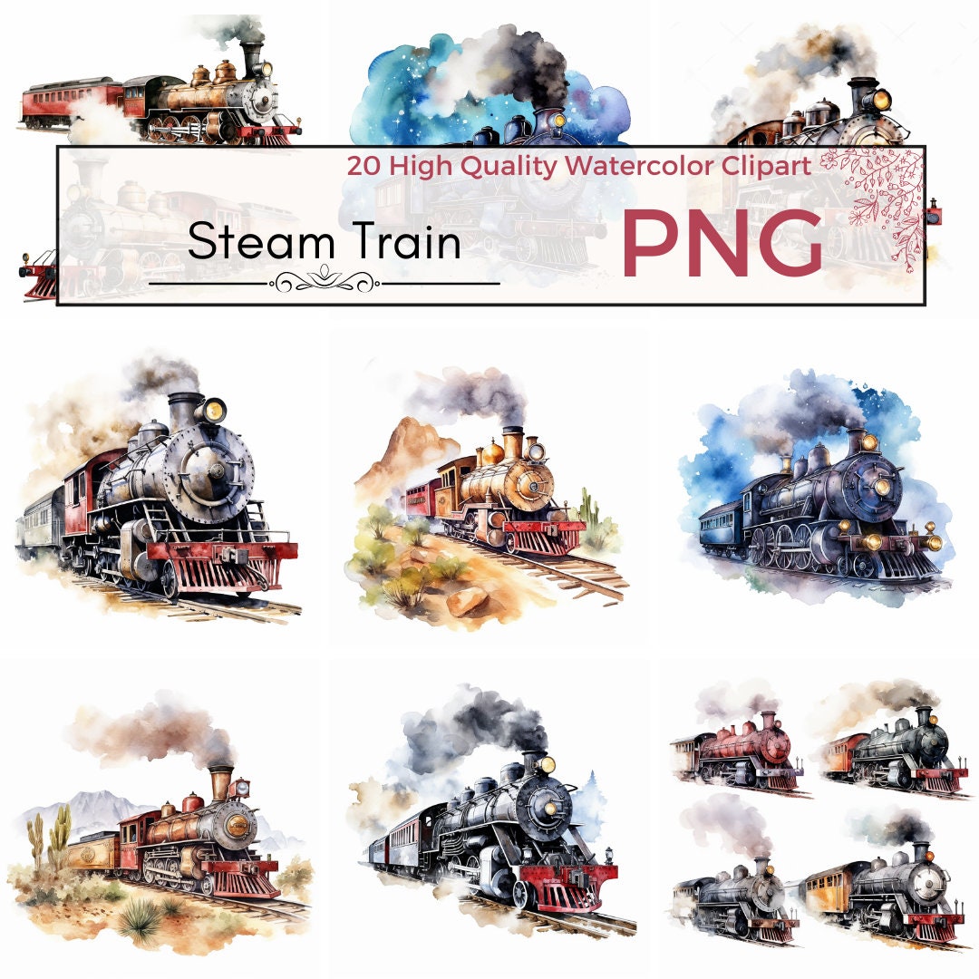 Set of 20 Watercolor Steam Train Clipart, Vintage Railroad Illustration ...