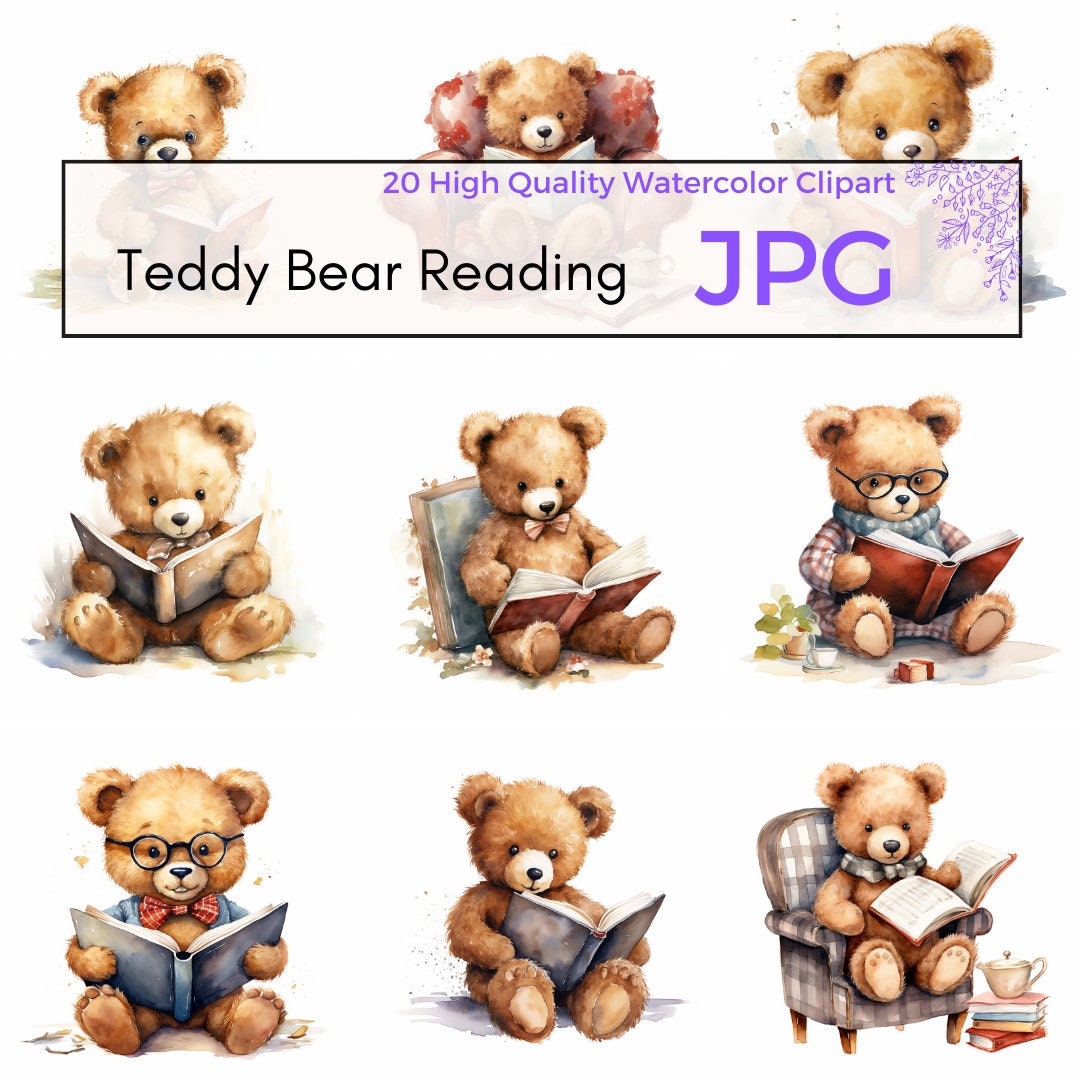 Watercolor Teddy Bear Reading Clipart, High Quality JPG, Cute Nursery ...
