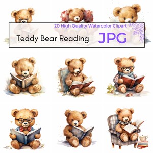 Watercolor Teddy Bear Reading Clipart, High Quality JPG, Cute Nursery ...