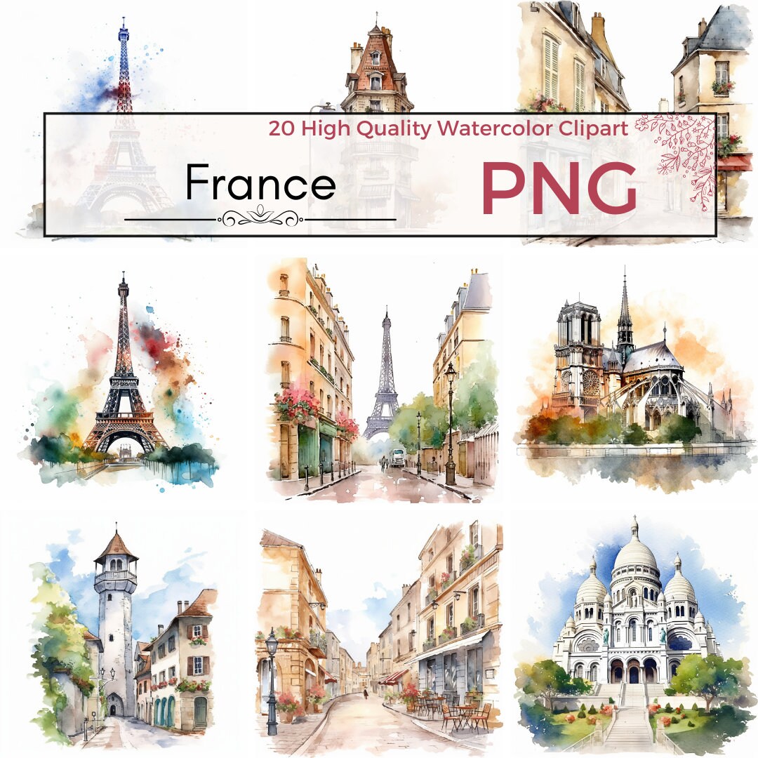 20 Watercolor France Clipart PNG, Travel Sightseeing, Instant Download ...