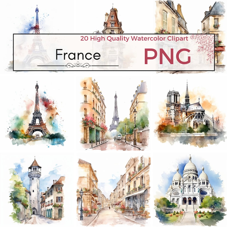 20 Watercolor France Clipart PNG Travel Sightseeing Instant - Etsy