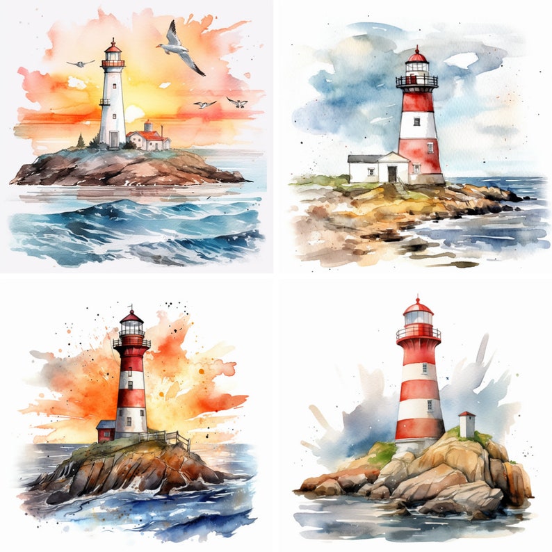20 Watercolor Lighthouse Clipart Bundle Coastal - Etsy