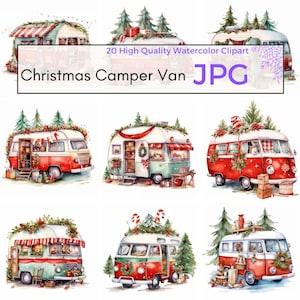 Watercolor Christmas Camper Van Clipart, High Quality JPG, Camper Clip ...