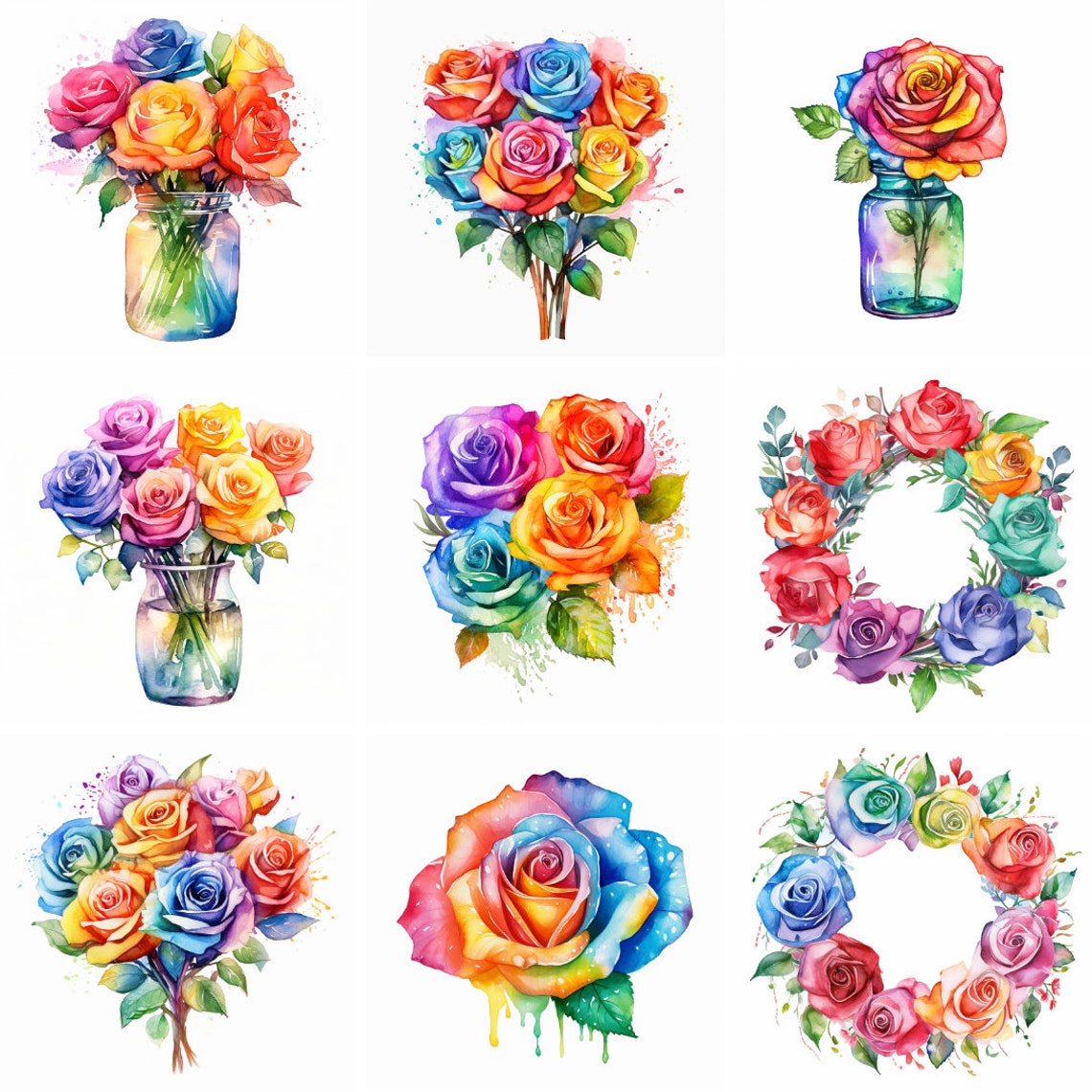 20 PNG Watercolor Rainbow Roses Clipart Colorful Rose - Etsy