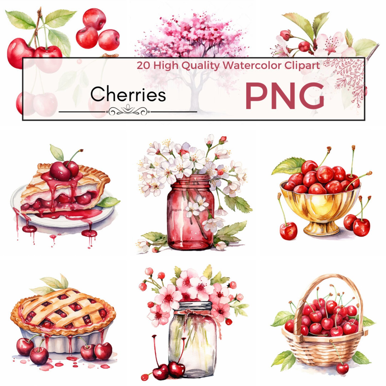 20 Watercolor Cherry Clipart Red Cherries Clipart Digital - Etsy
