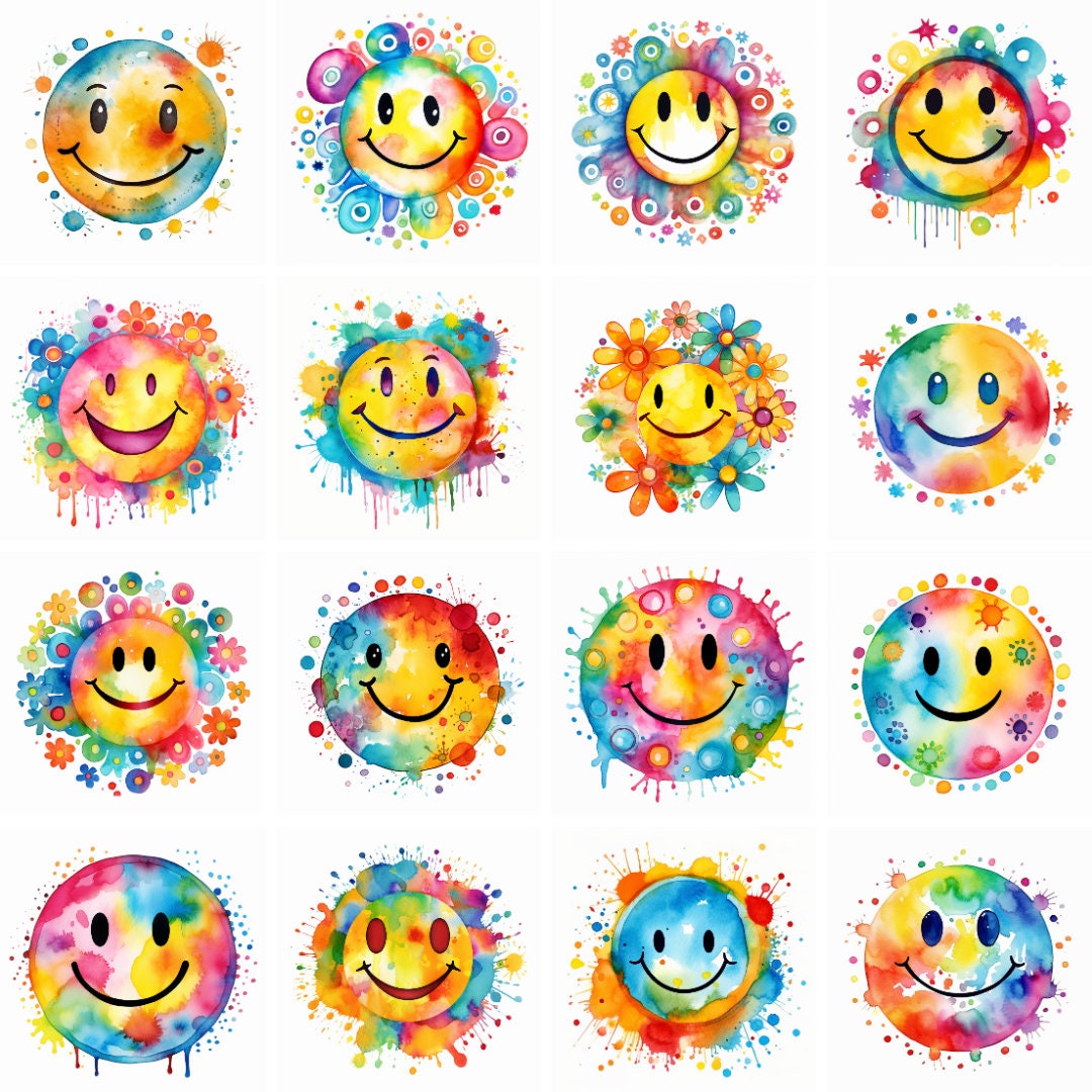 Watercolor Retro Smiley Face Clipart, High Quality Png, Groovy Hippie ...