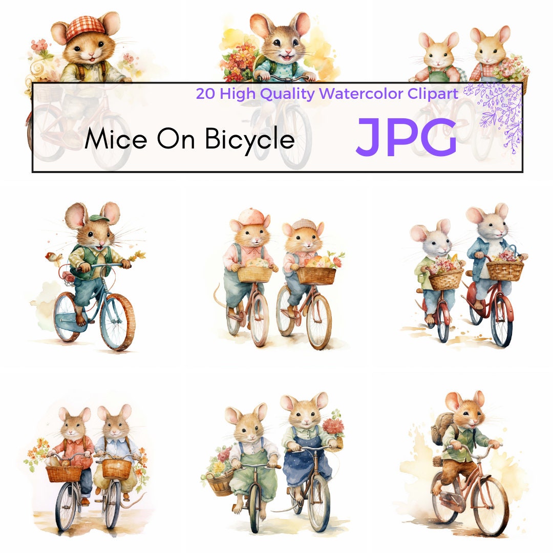 Watercolor Mice on Bicycle Clipart, High Quality JPG, Nursery Wall Art ...