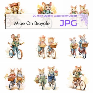 Watercolor Mice on Bicycle Clipart, High Quality JPG, Nursery Wall Art ...