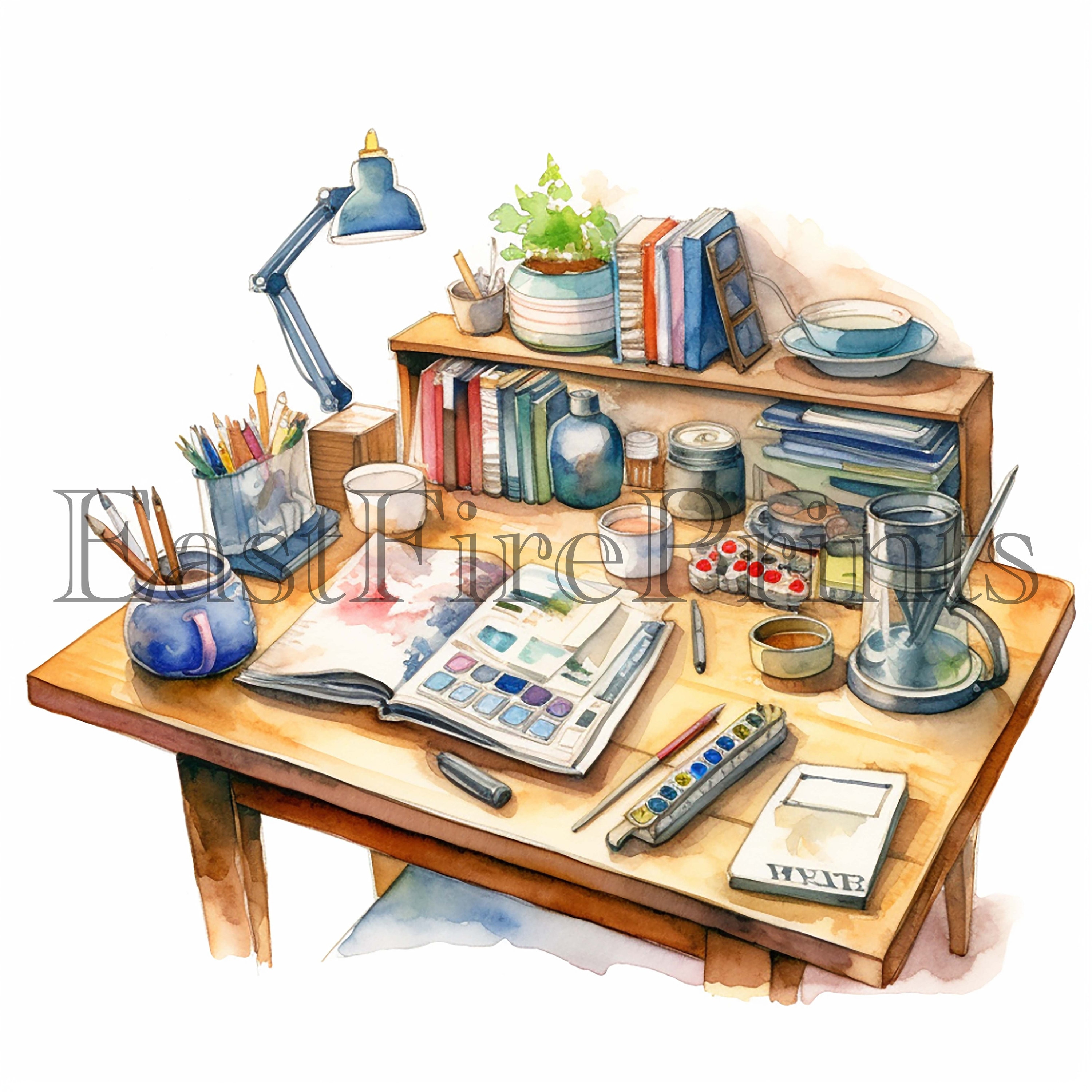 20 Watercolor Desk Scene Clipart Cute Rustic Floral Work - Etsy