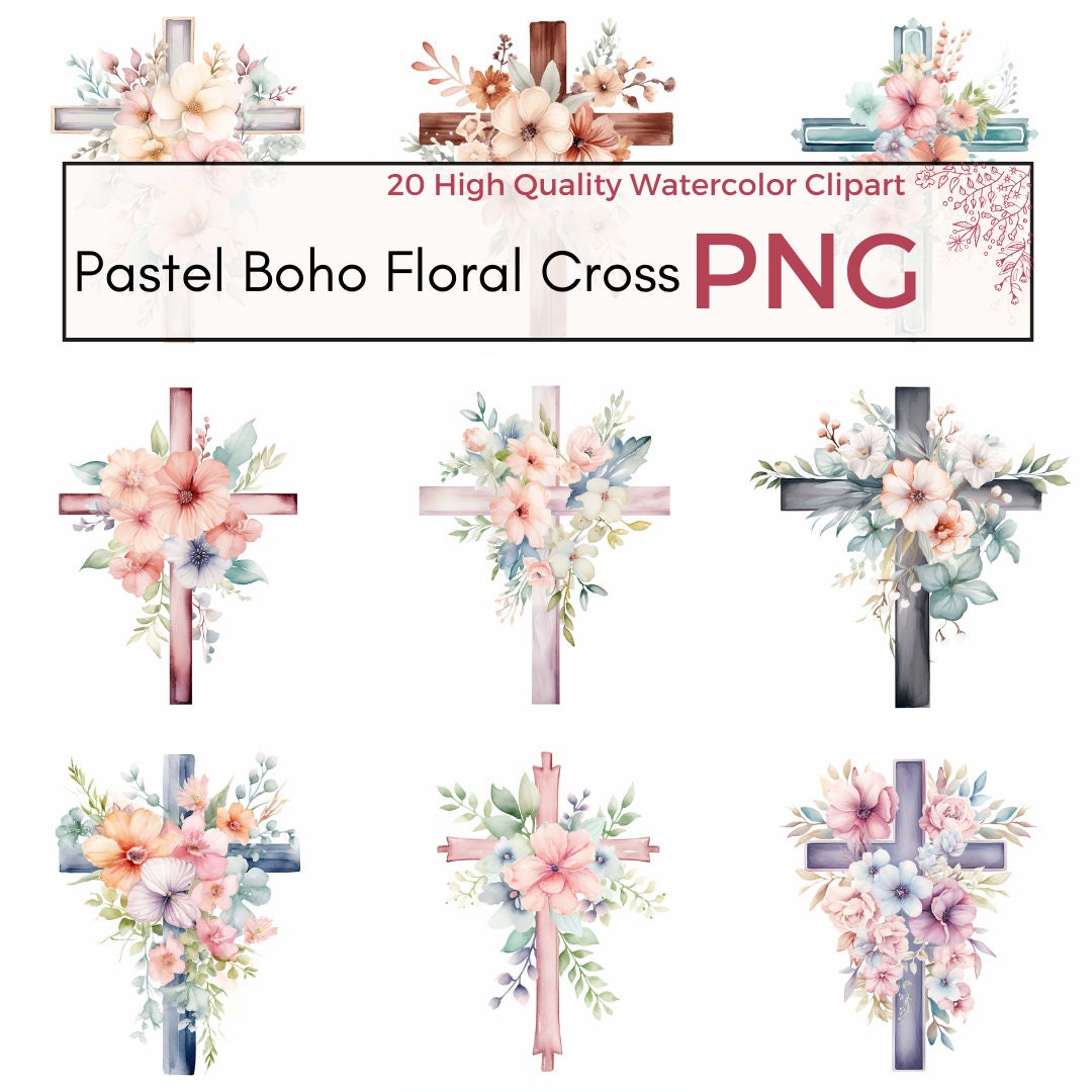 Pastel Boho Floral Cross Clipart, Catholic Cross PNG, Easter Clipart ...
