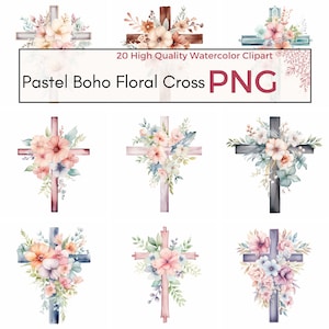 Pastel Boho Floral Cross Clipart, Catholic Cross PNG, Easter Clipart ...