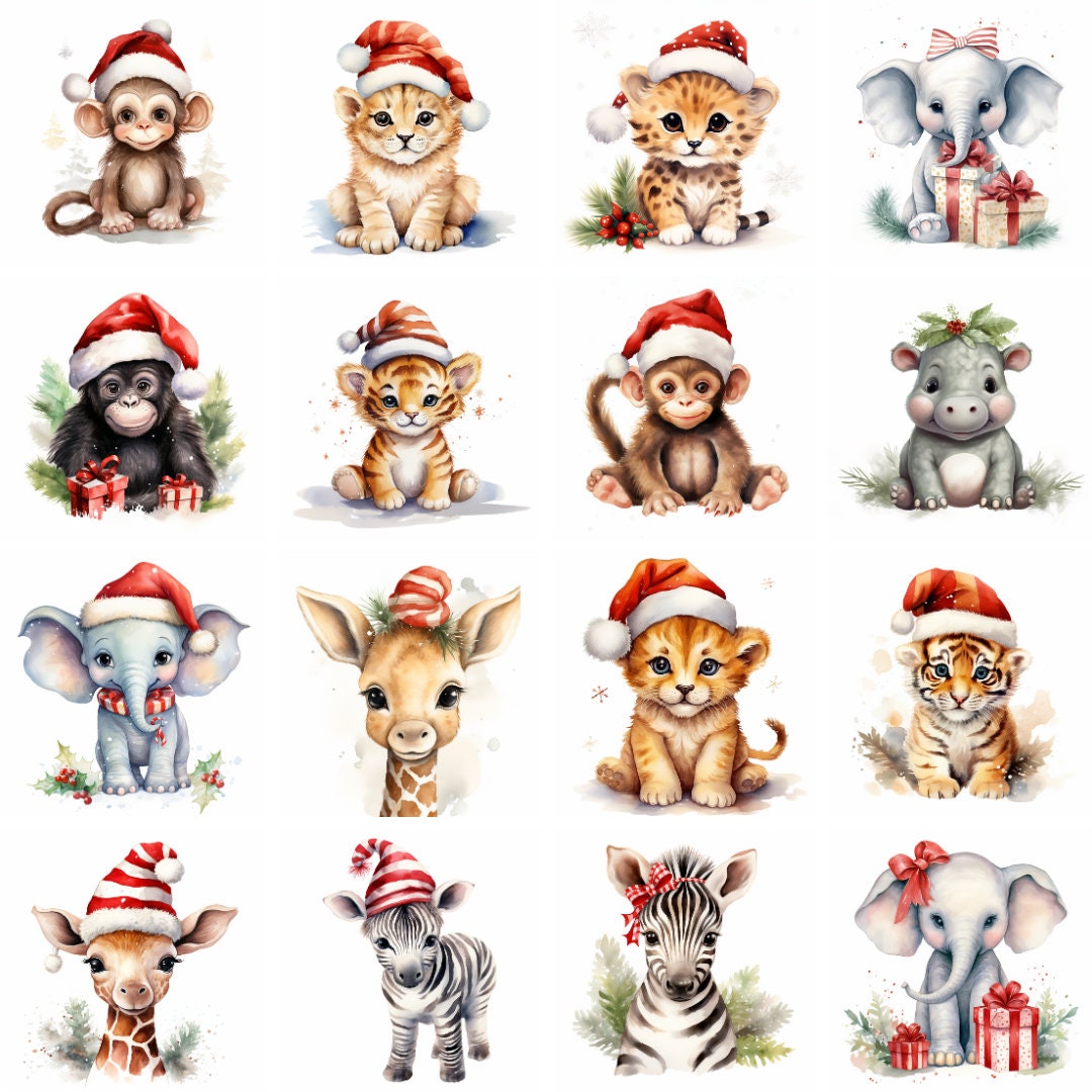 20 Christmas Baby Safari Animals Watercolor Clipart, High Quality Png ...
