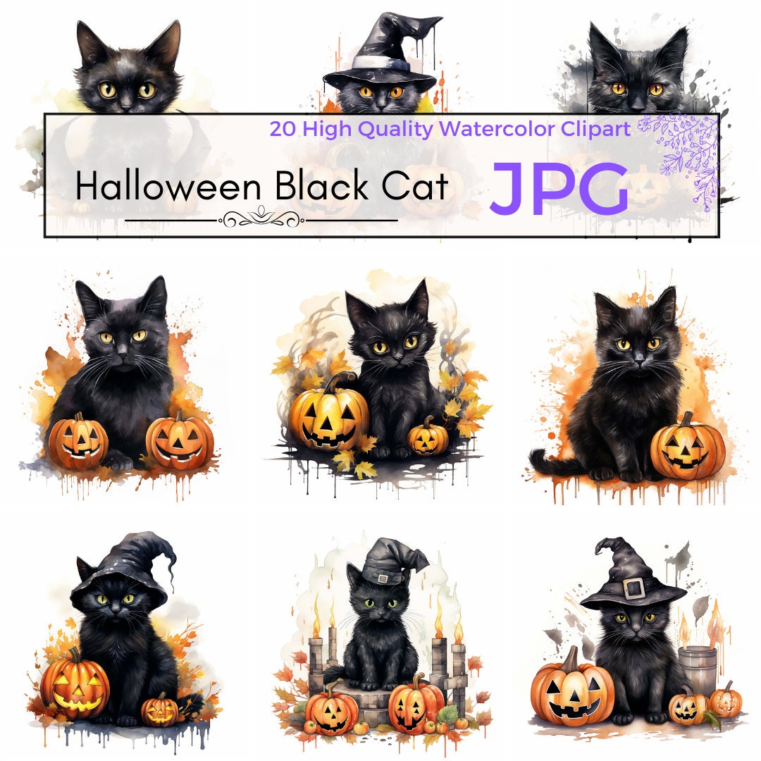 Watercolor Halloween Black Cat Clipart, Spooky Clipart Black Cat ...