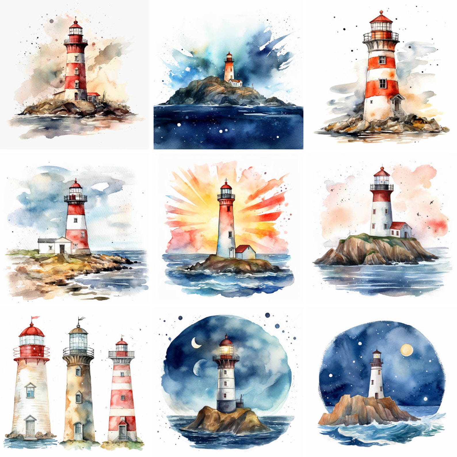 20 Watercolor Lighthouse Clipart Bundle Coastal Illustrations Digital ...