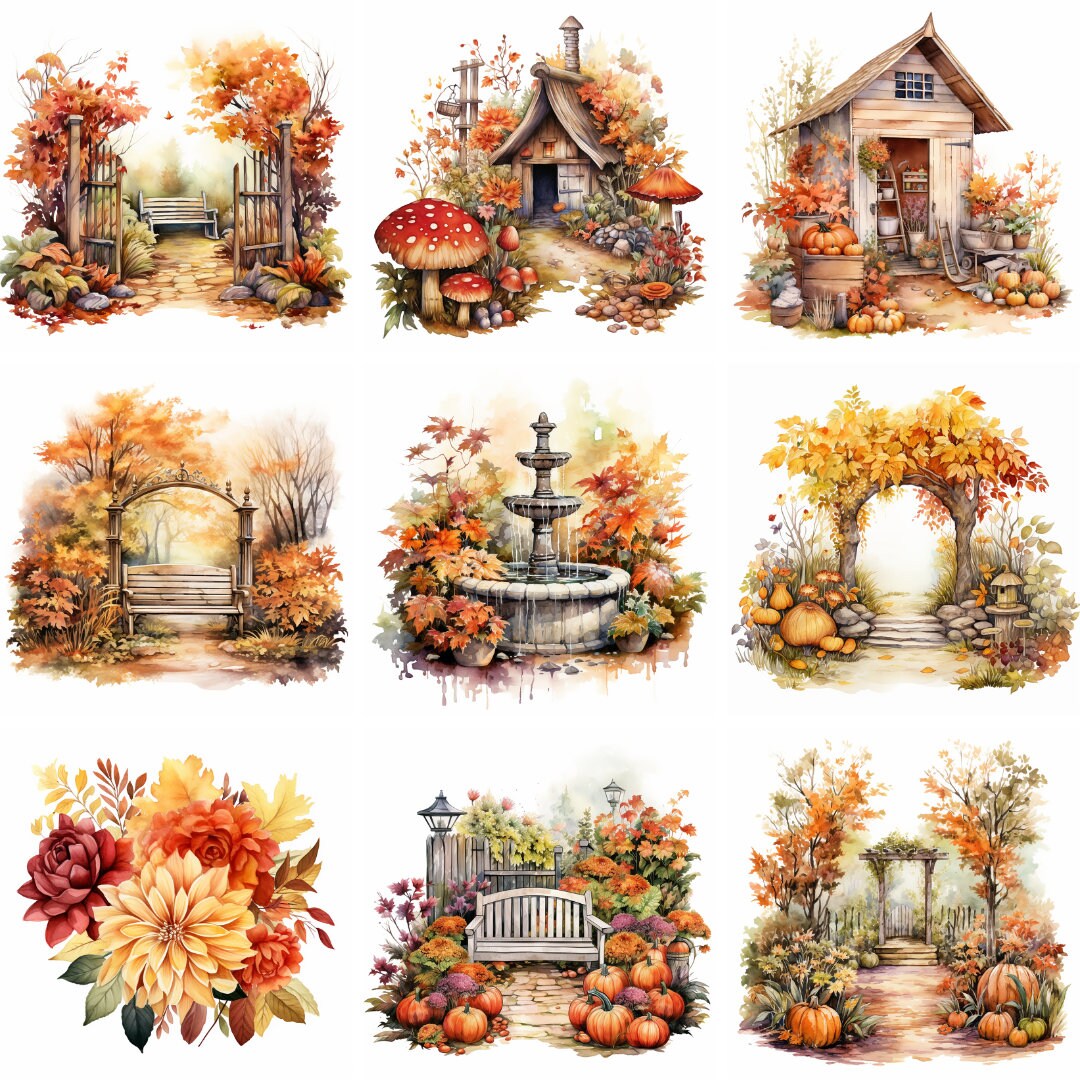Autumn Garden Clipart, Fall Sublimation, Garden Art, Fall Decor, Autumn ...