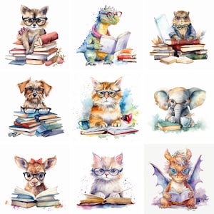 20 Watercolor Booklover Animals Clipart, Reading Animals Clipart, Book ...