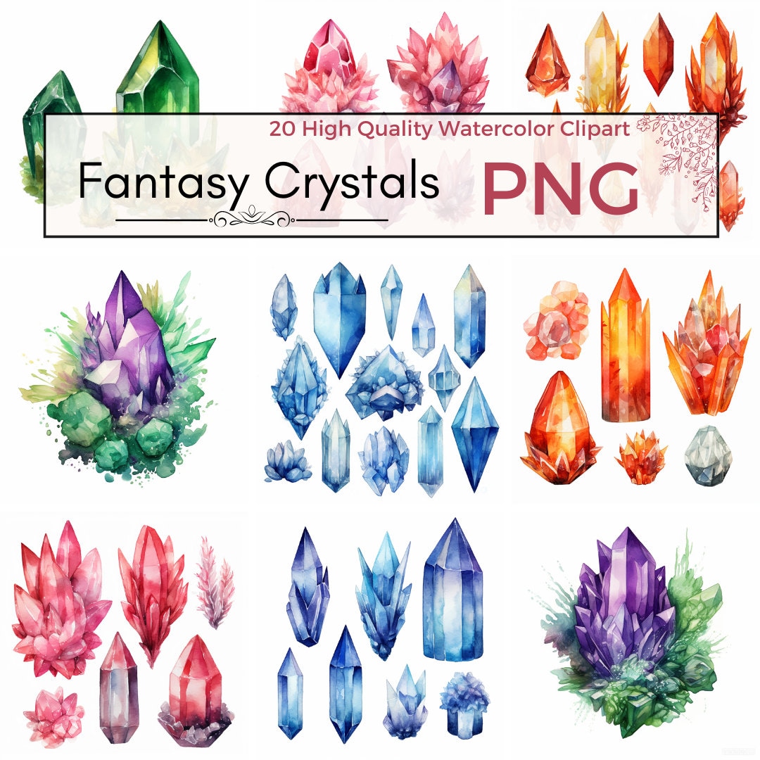 20 Watercolor Fantasy Crystals Clipart Enchanting Illustrations, Cute ...