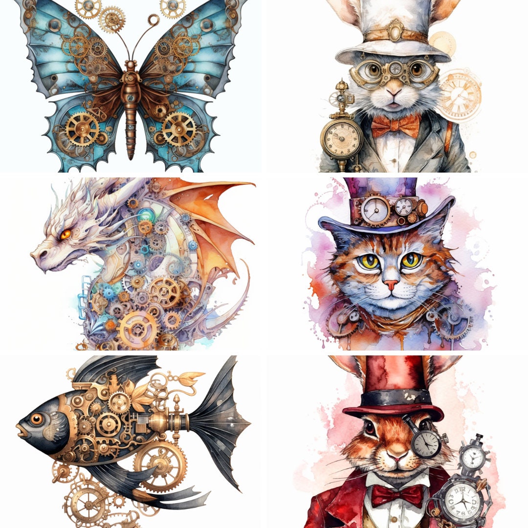 100 Watercolor Steampunk Animals Clipart Bundle Watercolor - Etsy