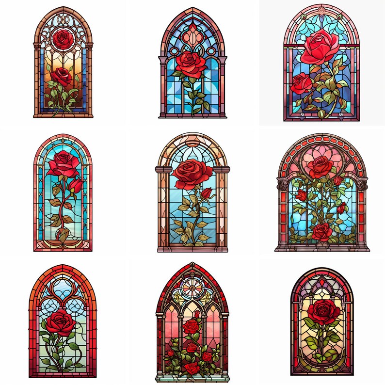 Red Rose Stained Glass Window Clip Art PNG Fantasy Clipart - Etsy