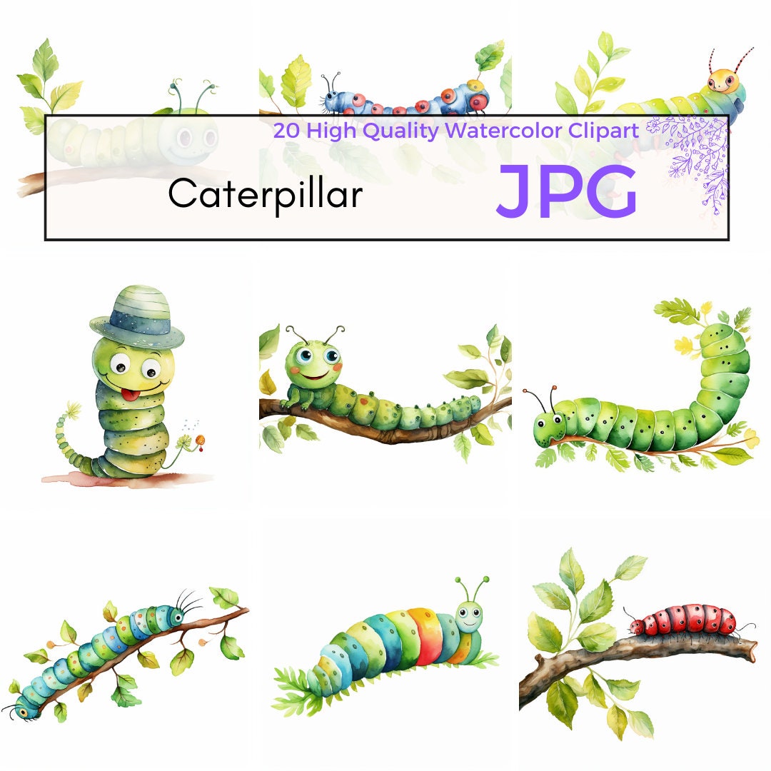 Watercolor Caterpillar Clipart, High Quality JPG, Cute Nursery Wall Art ...