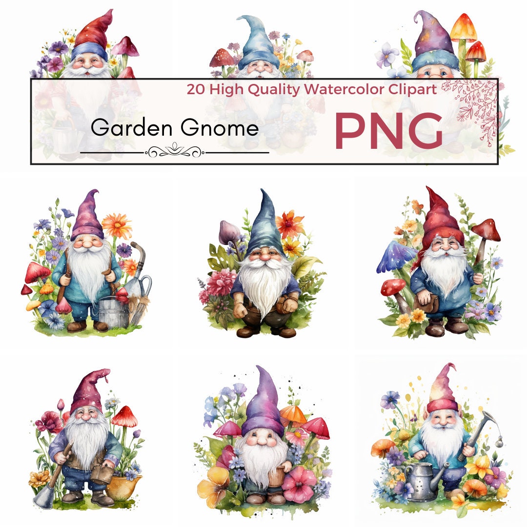 20 Watercolor Garden Gnome Clipart PNG Fantasy Floral - Etsy