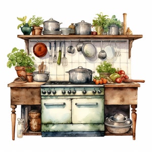 Watercolor Vintage Kitchen Clipart, Vintage Printables, Food Clipart ...