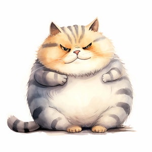 Watercolor Fat Cat Clipart, High Quality JPG, Cubby Cat Wall Art, Funny ...