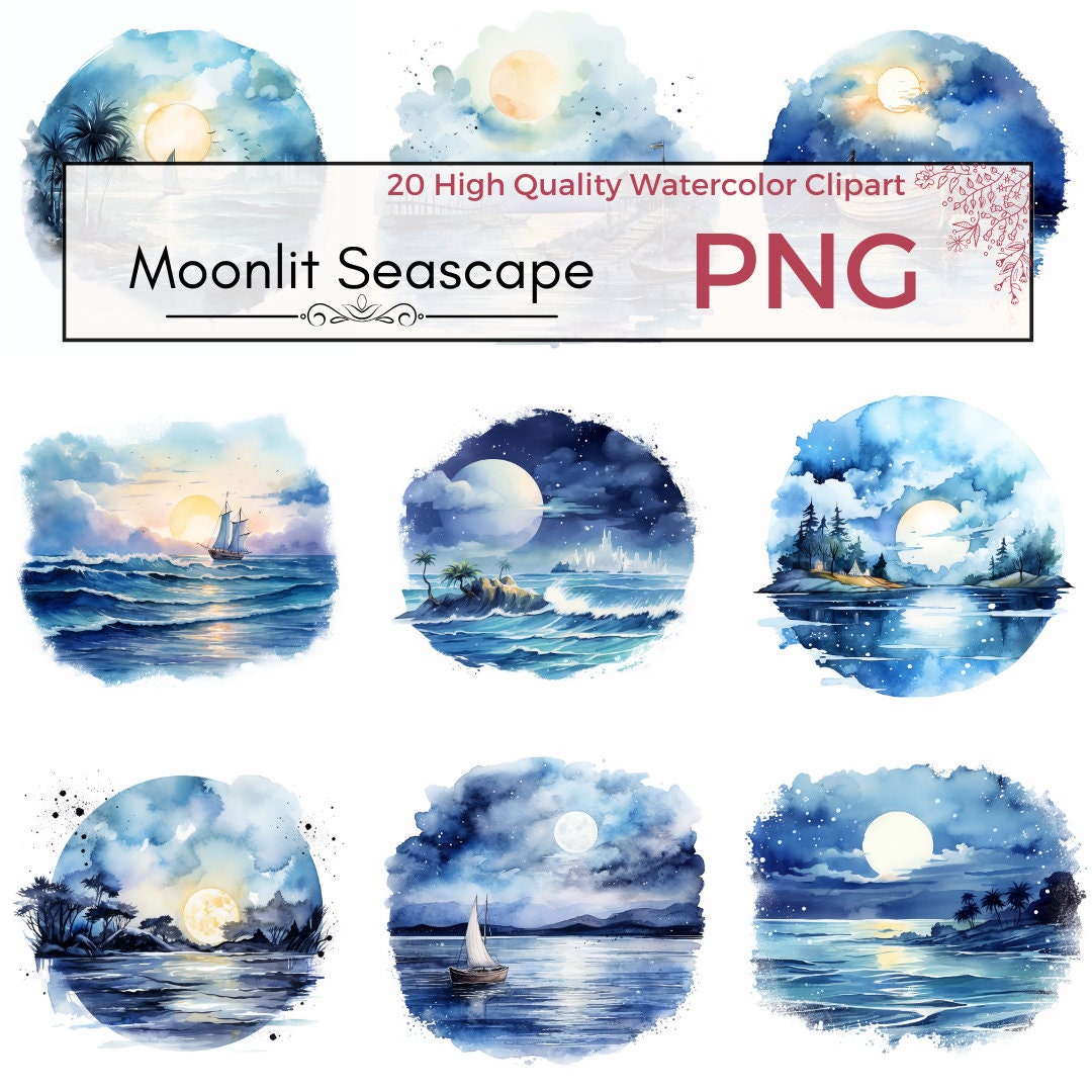 Moonlit Seascape Clipart, Scenic, Moonlight Clipart, Ocean Png ...