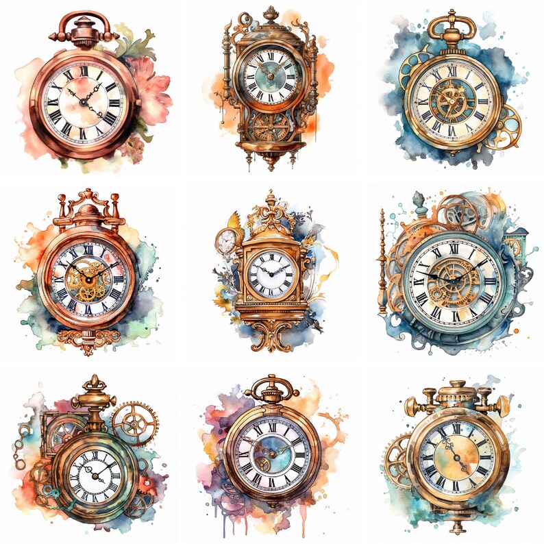 20 Steampunk Clock Watercolor Clipart Set Vintage Clock - Etsy
