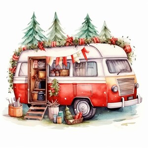 Watercolor Christmas Camper Van Clipart, High Quality JPG, Camper Clip ...