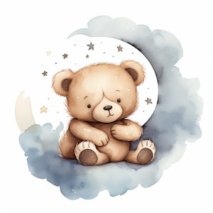 Watercolor Teddy Bear on Moon Clipart, High Quality JPG, Nursery Wall ...