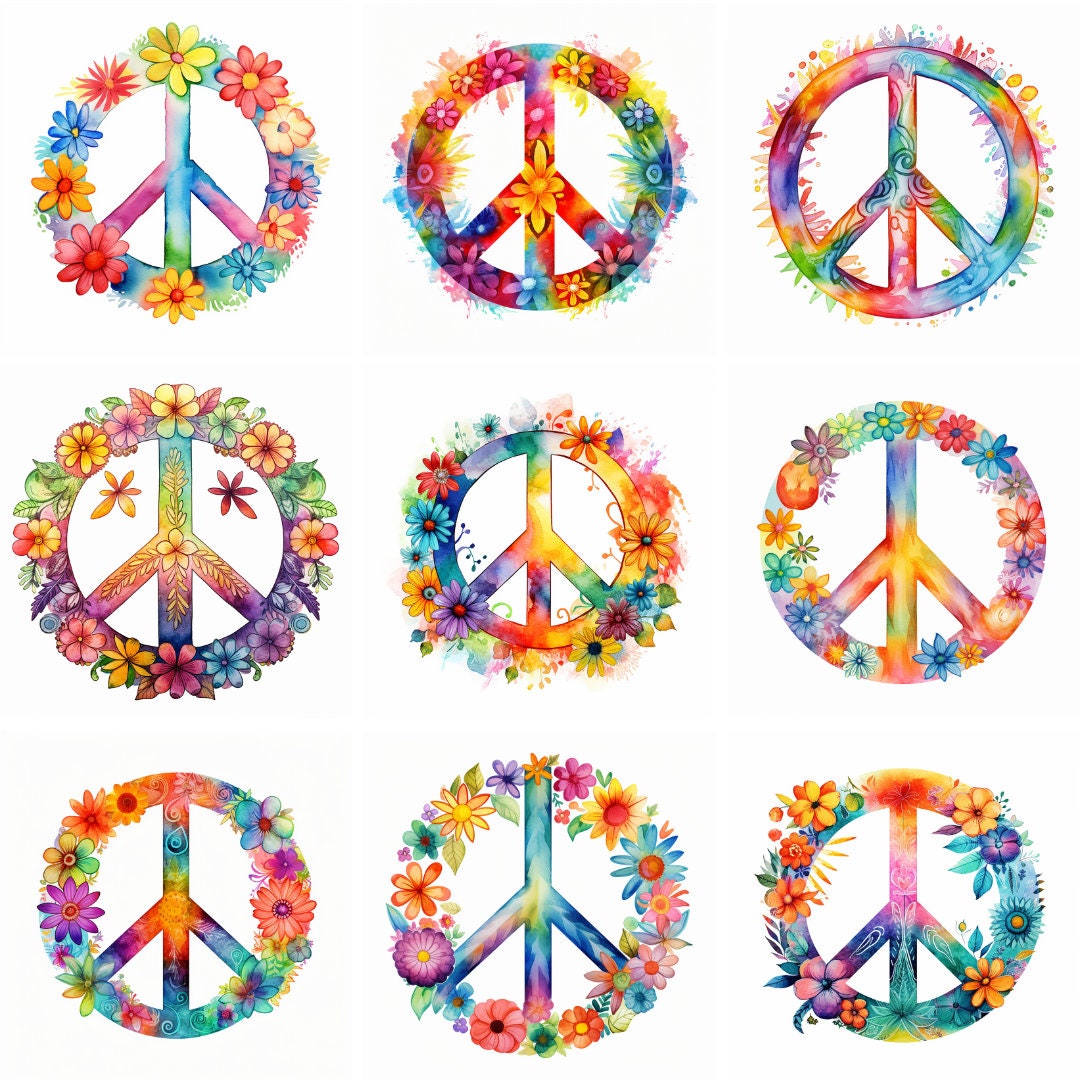 20 Retro Peace Sign Watercolor Clipart, High Quality Png, Groovy Png ...