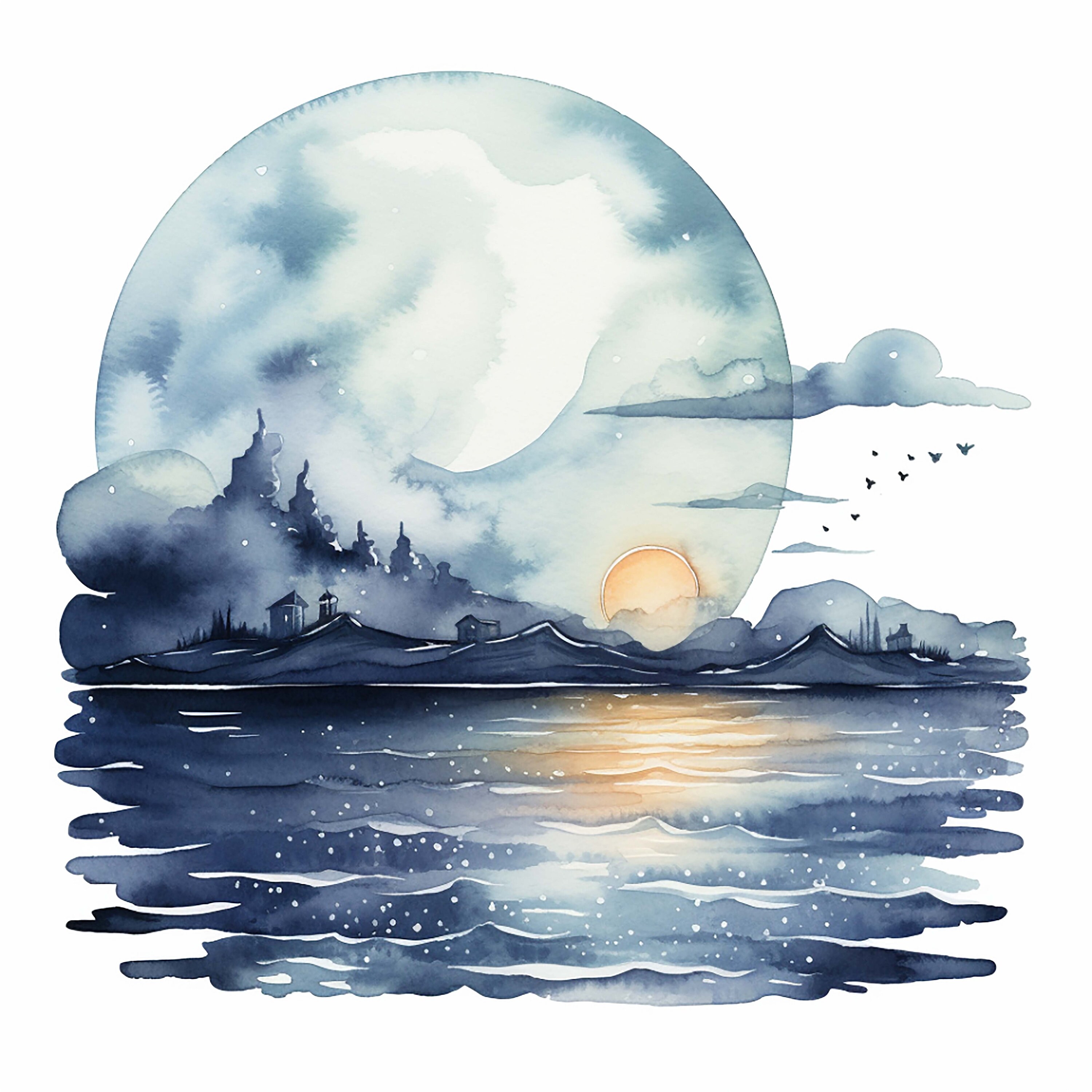 Moonlit Seascape Clipart Scenic Moonlight Clipart Ocean - Etsy