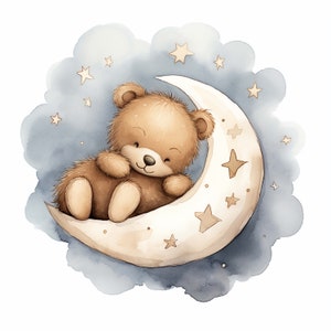 Watercolor Teddy Bear on Moon Clipart, High Quality JPG, Nursery Wall ...