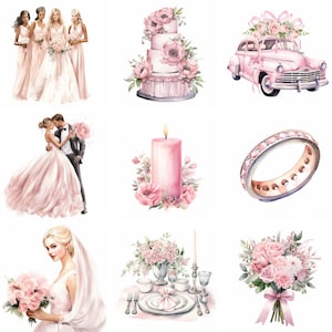 Watercolor Pink Wedding Day Clipart, Bride and Groom Clipart Marriage ...
