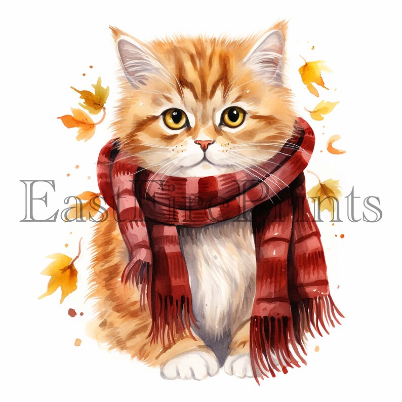 Watercolor Autumn Cat With Scarf Clipart High Quality Png - Etsy