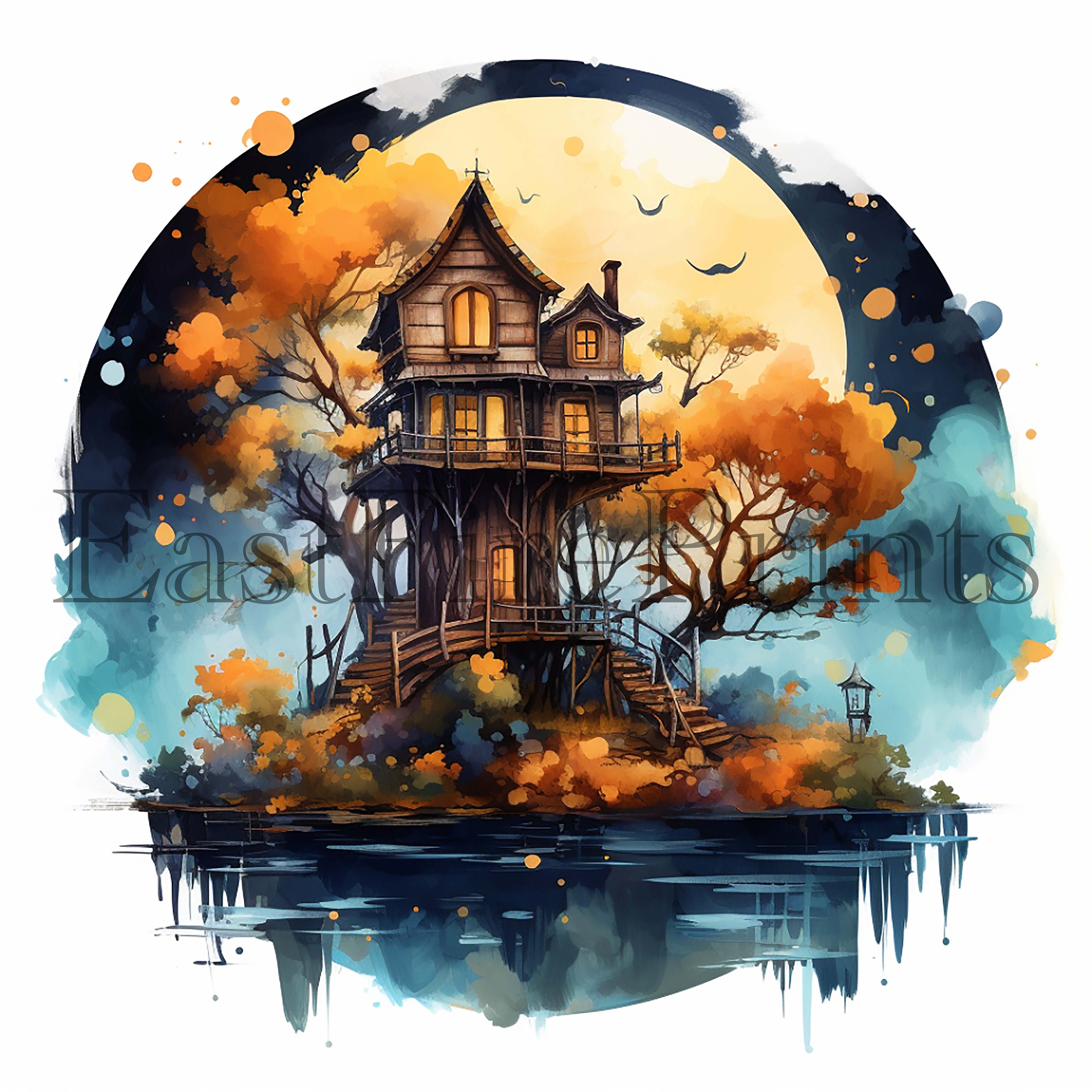 Watercolor Fall Tree House Clipart Forest Clipart Autumn - Etsy