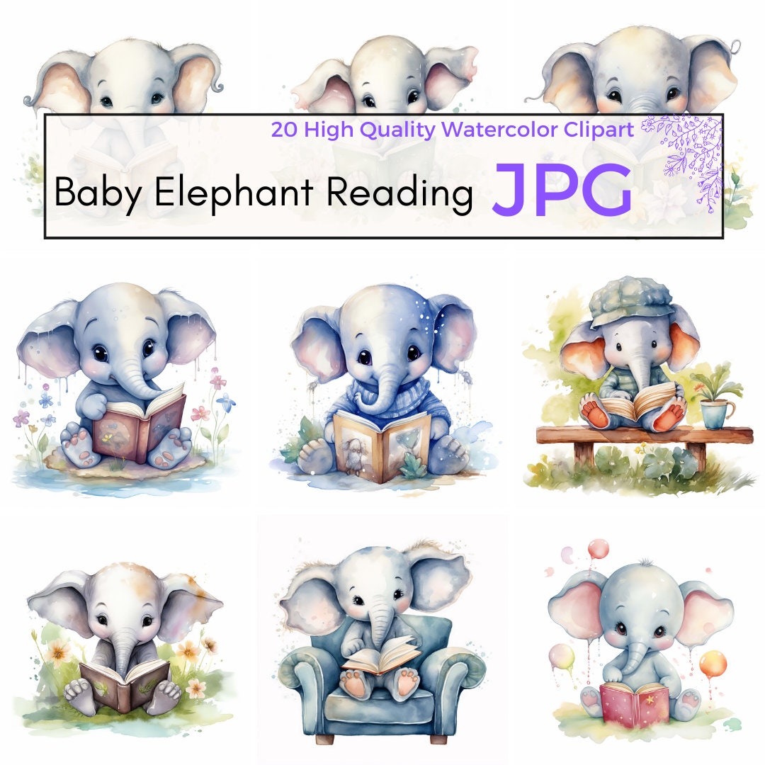 Watercolor Baby Elephant Reading Clipart, High Quality JPG, Book Worm ...