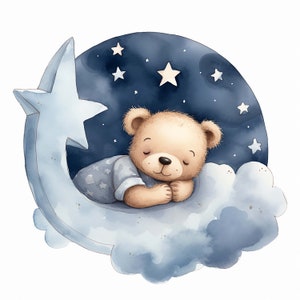 Watercolor Teddy Bear on Moon Clipart, High Quality JPG, Nursery Wall ...