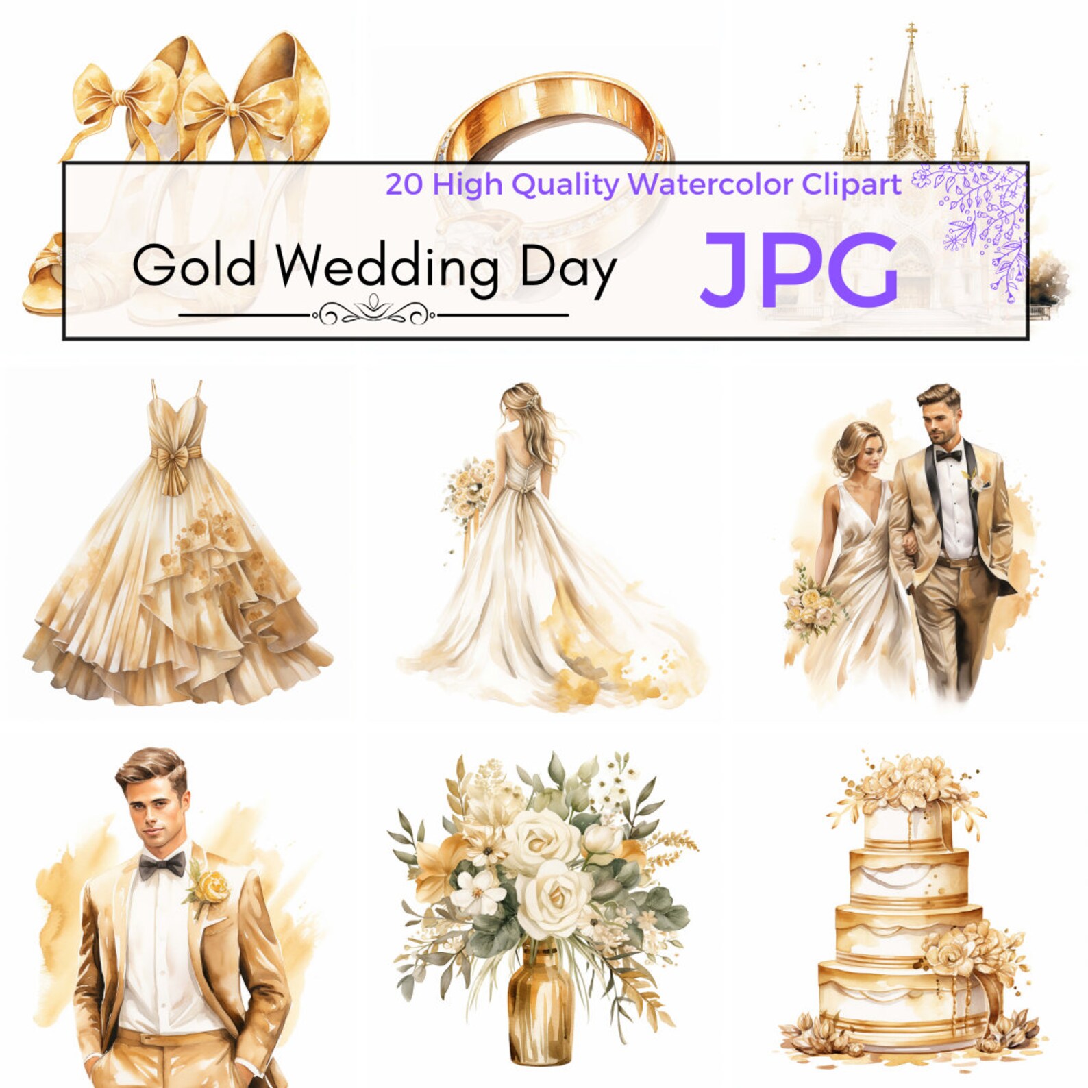 Watercolor Gold Wedding Day Clipart Bride and Groom Clipart - Etsy