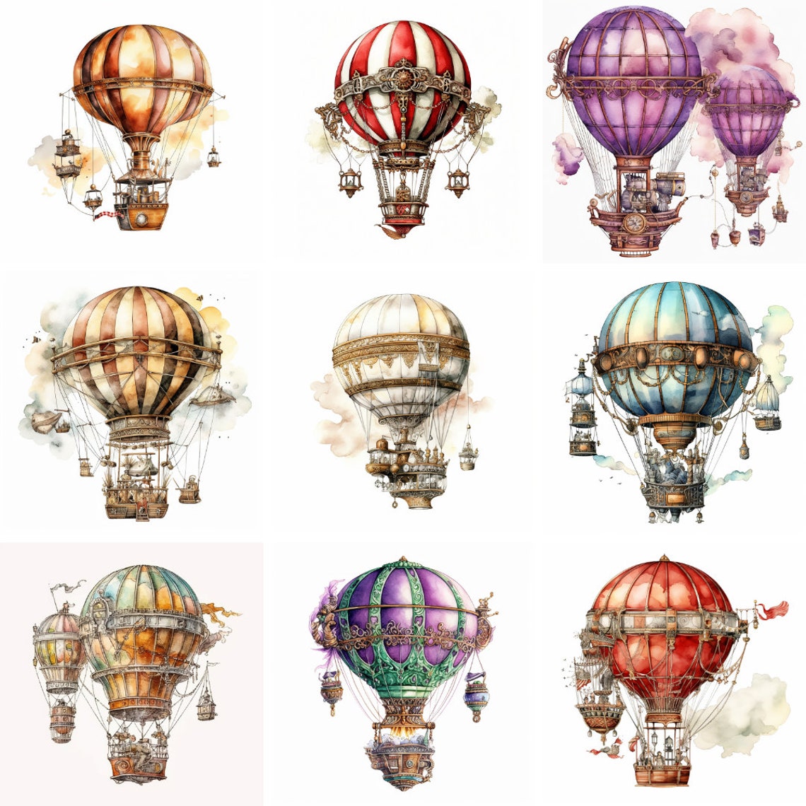 20 Watercolor Steampunk Hot Air Balloon Clipart Steampunk - Etsy