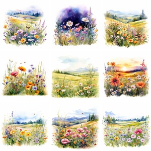 Watercolor Wildflower Meadow Clipart, High Quality JPG, Wildflower ...