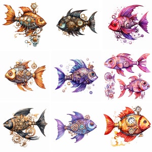 20 Watercolor Steampunk Fish Clipart Bundle | Fish Print, Steampunk ...